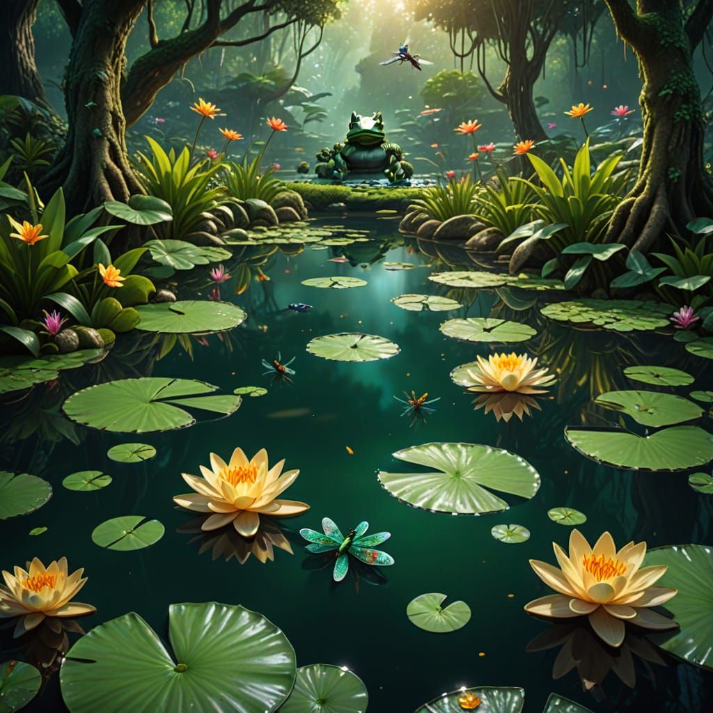 In a lush, emerald, green forest lies a pond with lily pads. Sitting on ...