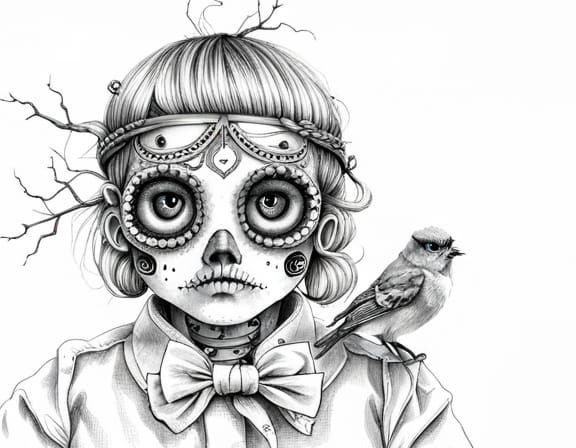 voodoo doll head, bird, bow; hyperdetailed ink drawing - AI Generated ...