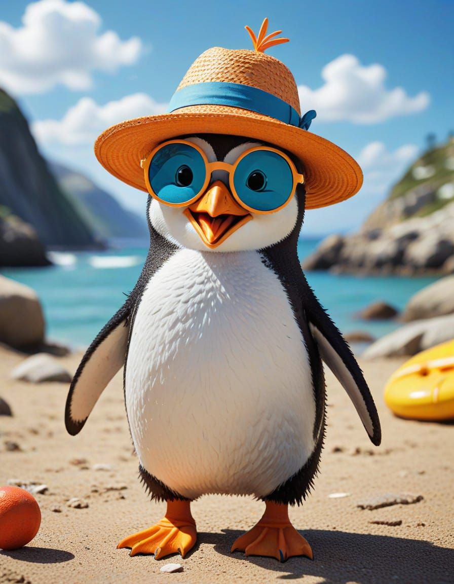 wacky adorable penguin wearing sunglasses and sunhat. Funny caricature ...