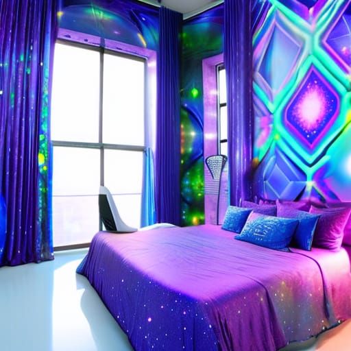Cosmic bedroom with purple holographic walls& cobalt blue holographic ...