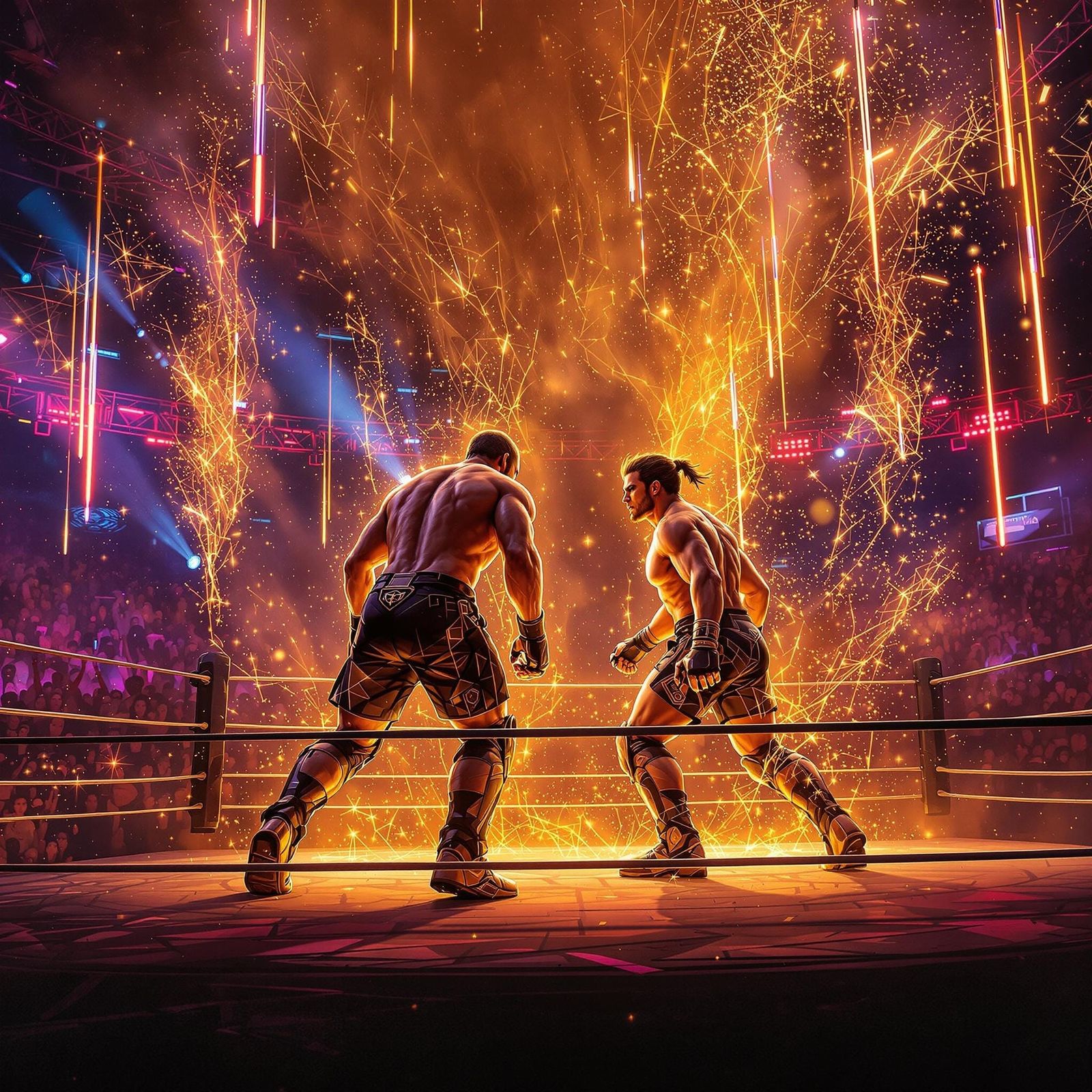 Cyberpunk Fighters in Neon-Lit Arena - AI Art