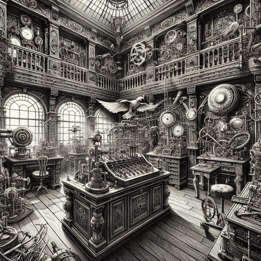 A Victorian laboratory filled with fantastical mechanical inventions ...