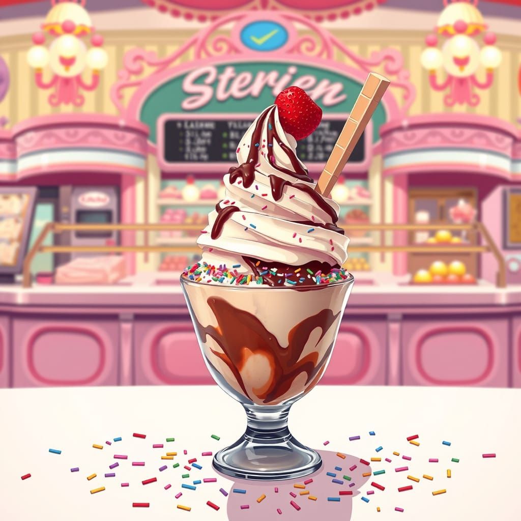 Ice Cream Sundae - Anime-Style Ice Cream Sundae with Sprinkl...