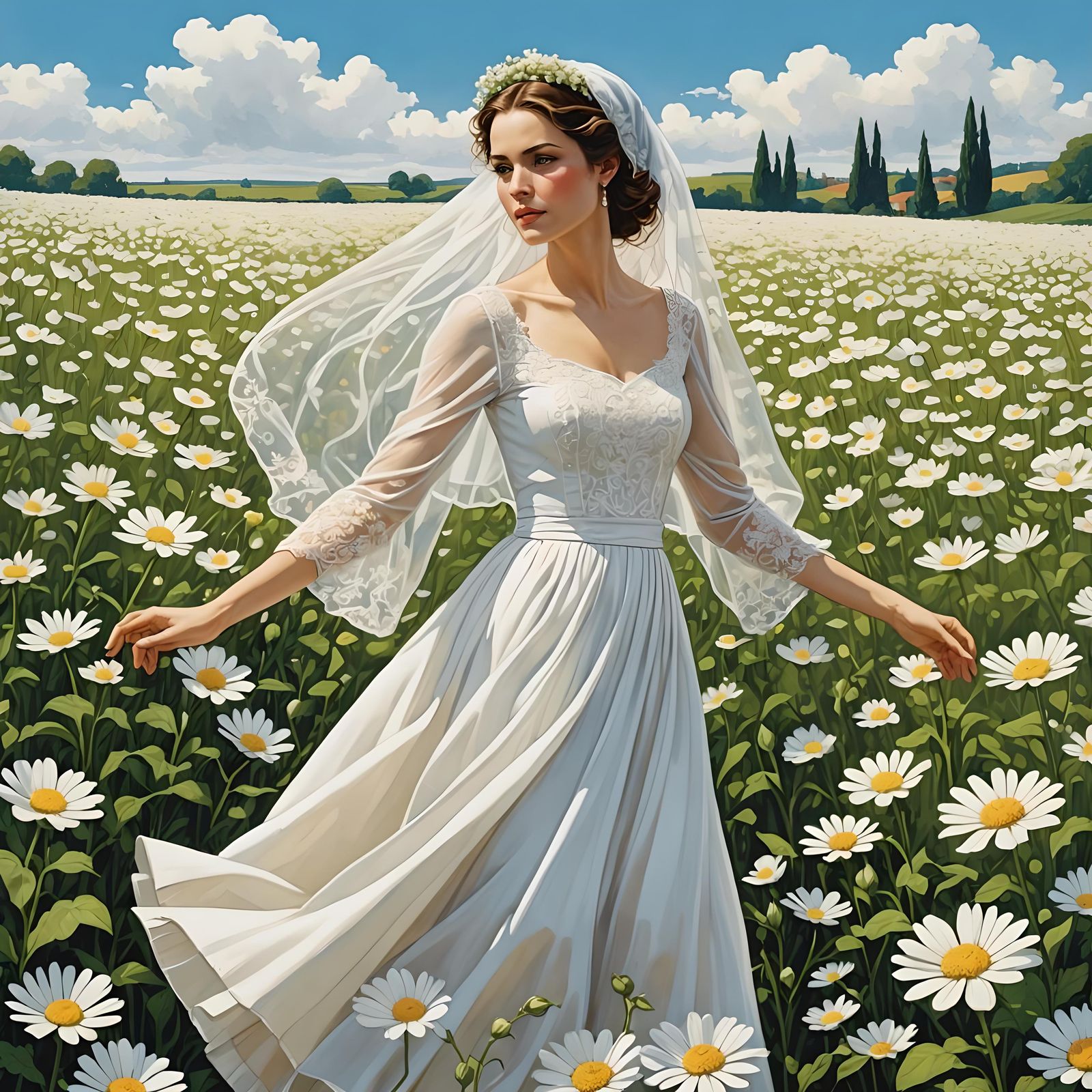 Beautiful young bride in white veil, dancing on the field of white ...