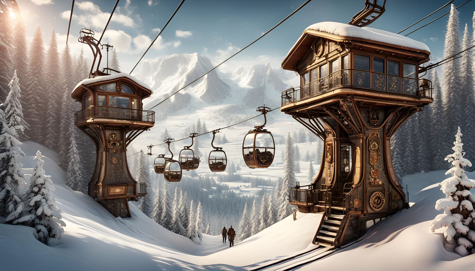 (((Masterpiece))), ((steampunk ski resort in the style of Vadim ...