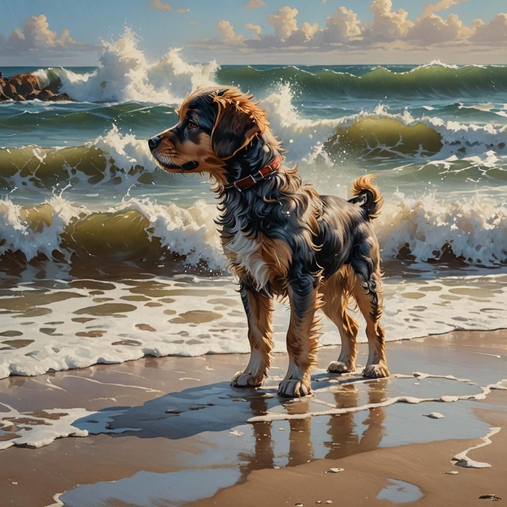 A puppy watching ocean waves - AI Generated Artwork - NightCafe Creator