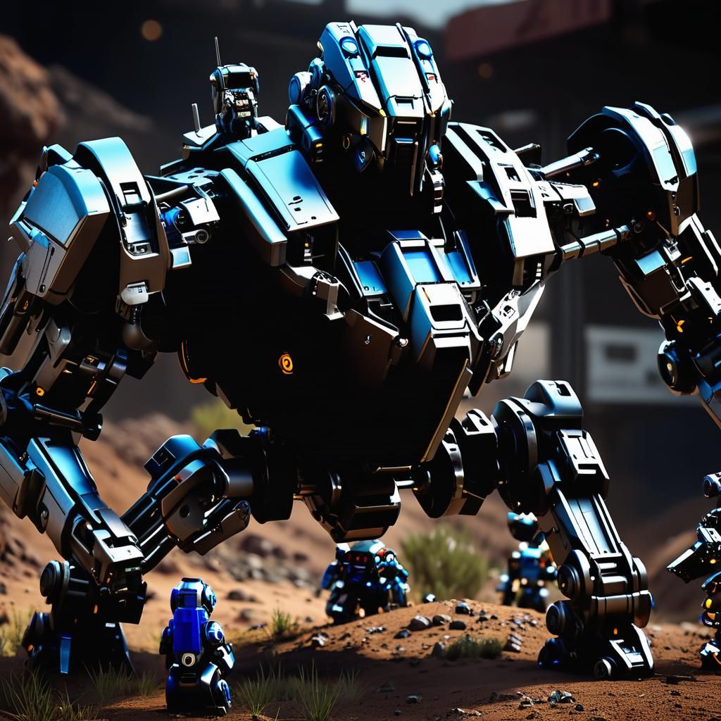 A broken down Mech with little robots skittering all over the mech ...