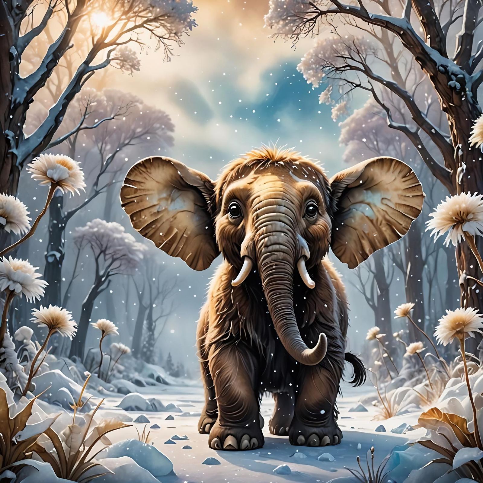 Baby mammoth discovering its first flowers - AI Generated Artwork ...