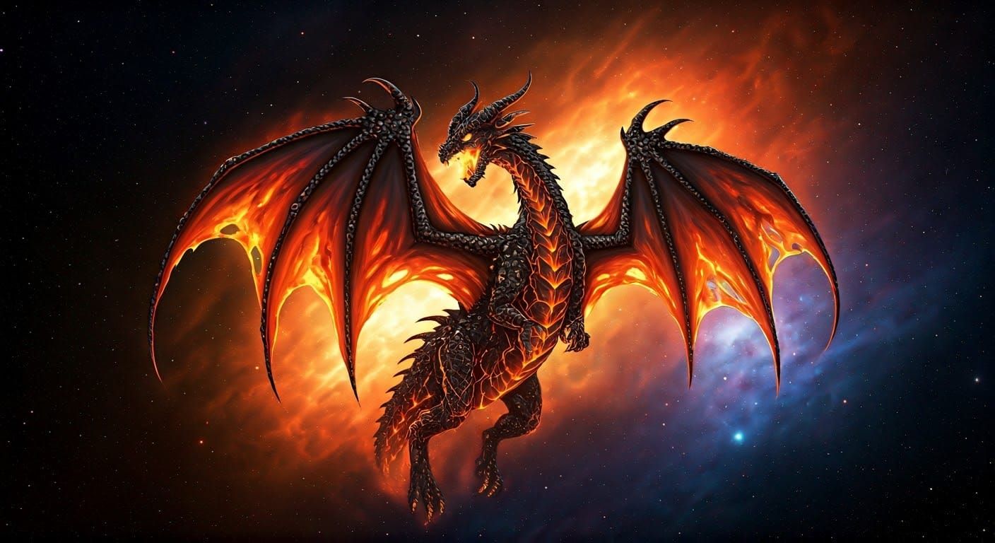Giant fire dragon emerging from a nebula