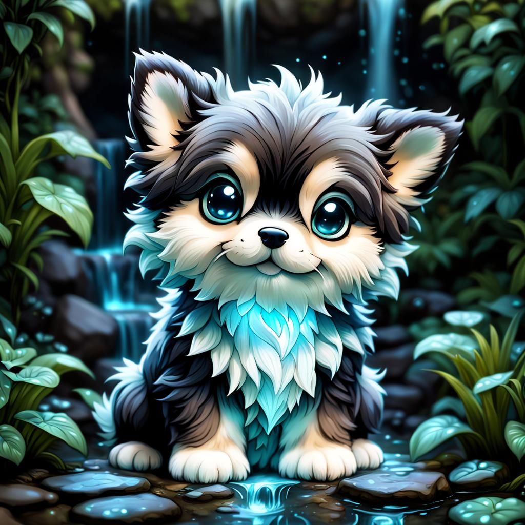 adorable cute chibi baby furry Puppy with a bioluminescent Waterfall in ...
