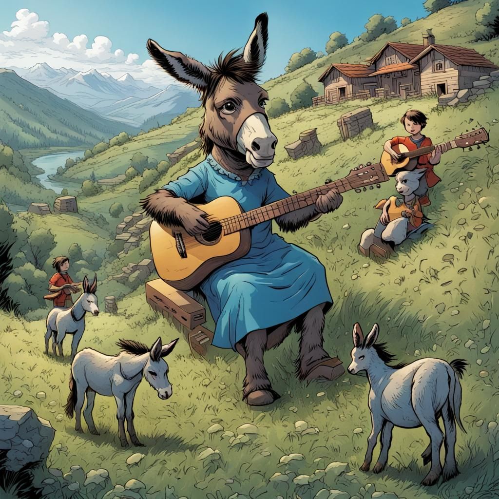 A donkey in a blue dress plays a guitar for some children on Swiss ...