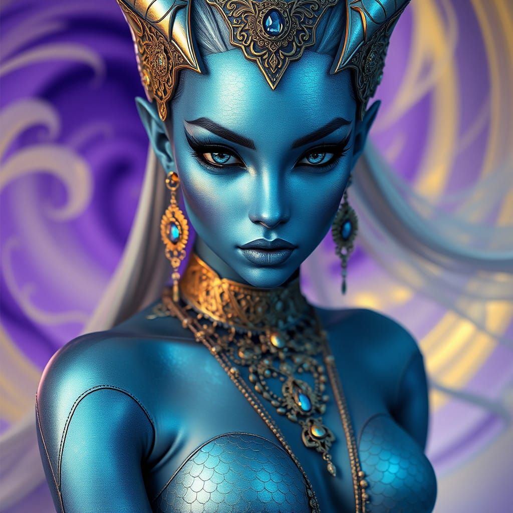 A stunning portrait of a blue-skinned jinn woman wearing a sleek, metallic-scaled bodysuit that ...