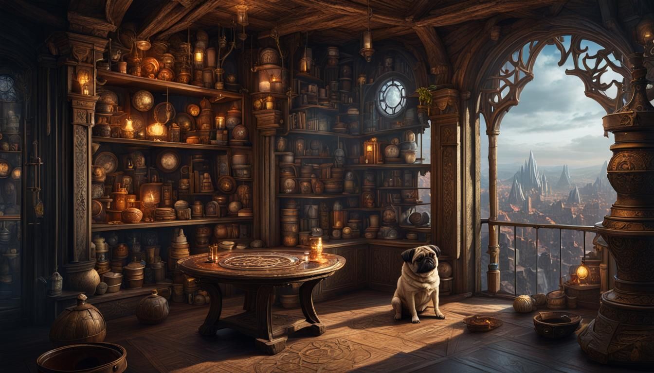 wizard tower cutaway, alchemy room, balcony, pug - AI Generated Artwork ...