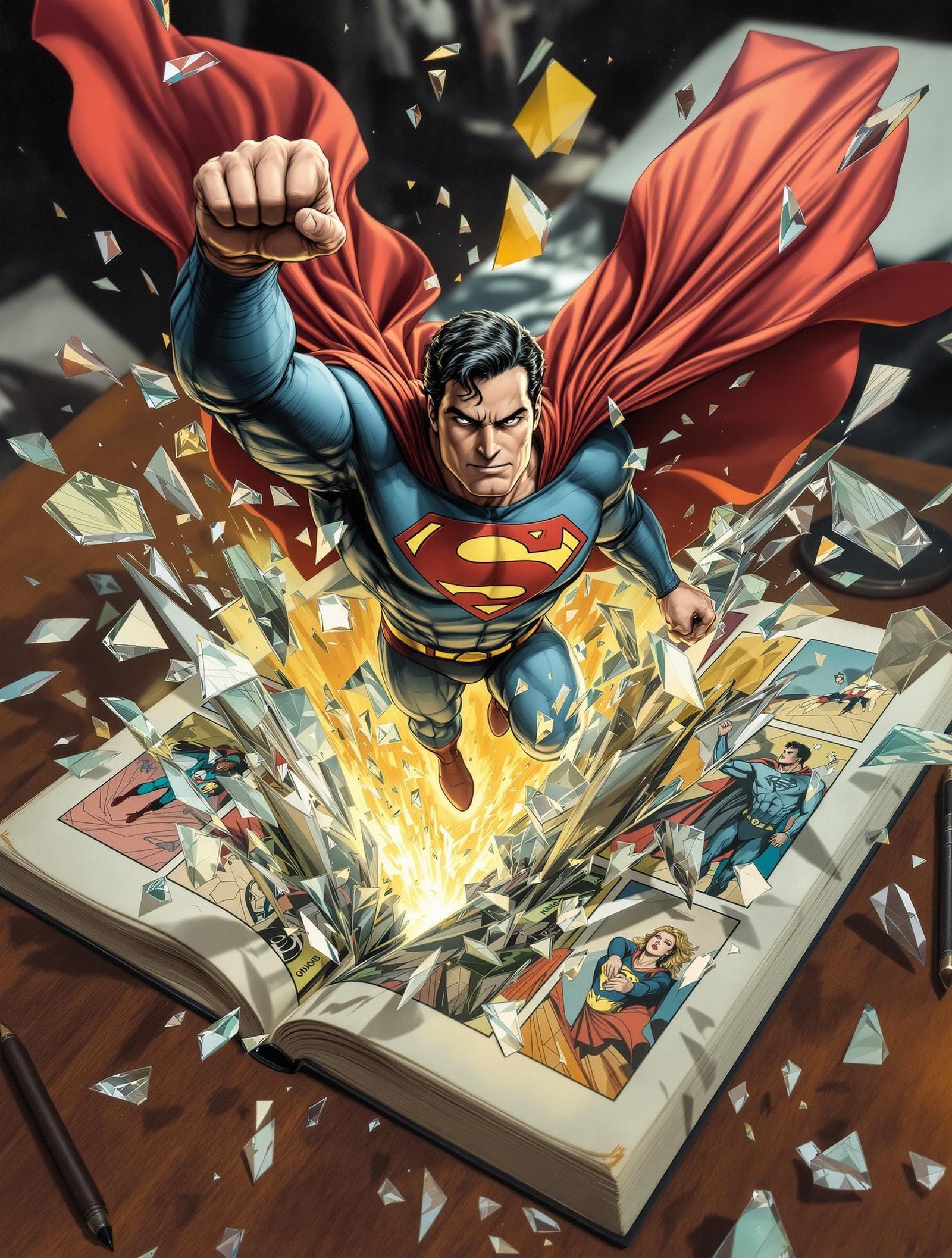 Flying Superman Emerges from Shattered Comic Book ... - AI Art