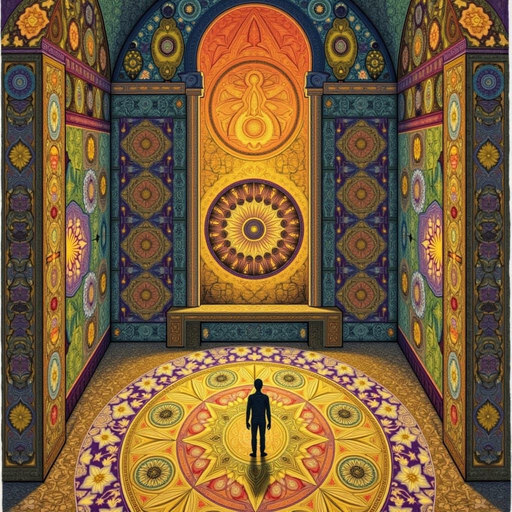 Seeker Overwhelmed by Cosmic Virtues in Sacred Geo... - AI Art