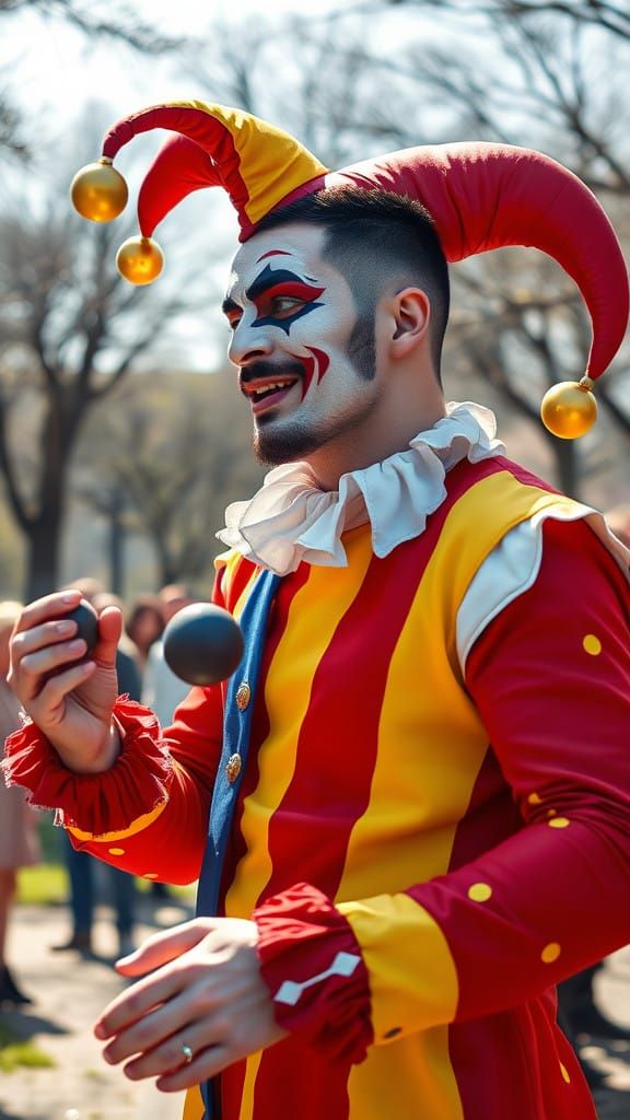 A cool jester amusing people in a urban park