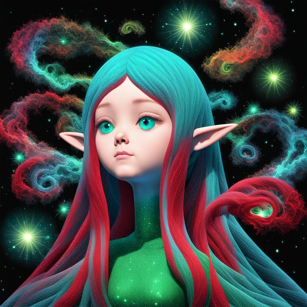 Ethereal Elf Maiden Gazing into Cosmic Night - AI Art