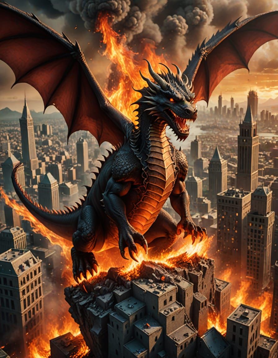 dragon destroying a city with burning background