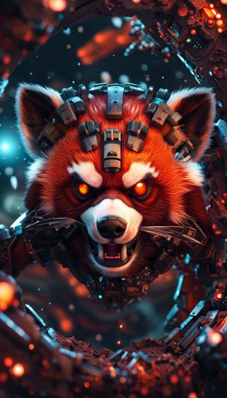 Portrait of Magical Opalescent Glowing Robotic Cyborg Obese Angry Red Panda Mech, in volcanic ...