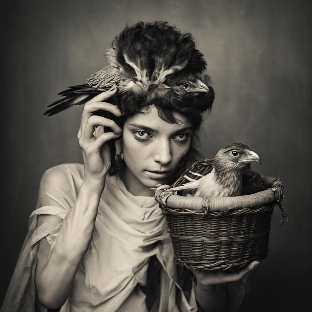 Nephthys with a hawk and a basket; well defined arms hands and fingers; five fingers for each ...