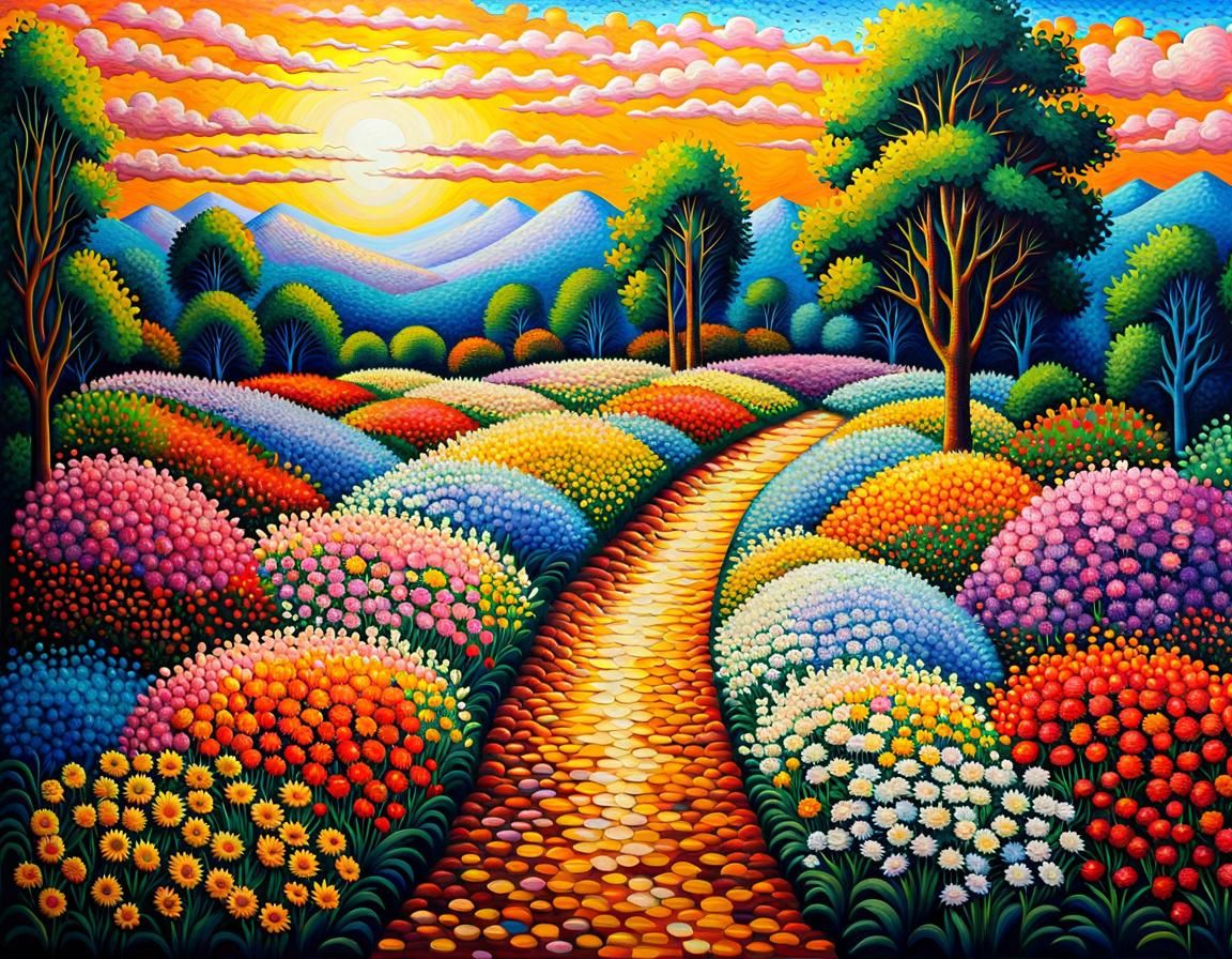 breathtaking garden of flowers view at sunrise, very crisp pointillism ...