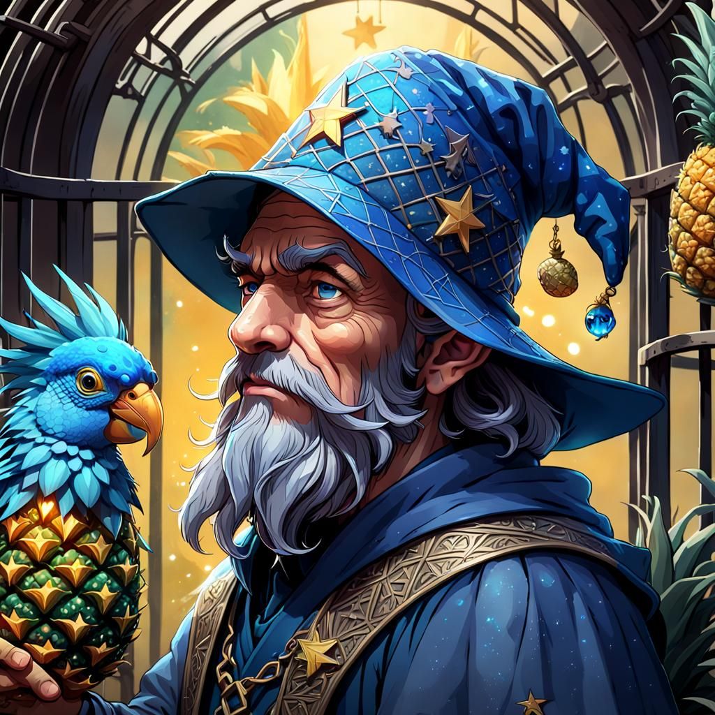 fantasy portraits of a wizard wearing a blue hat with star pattern and ...