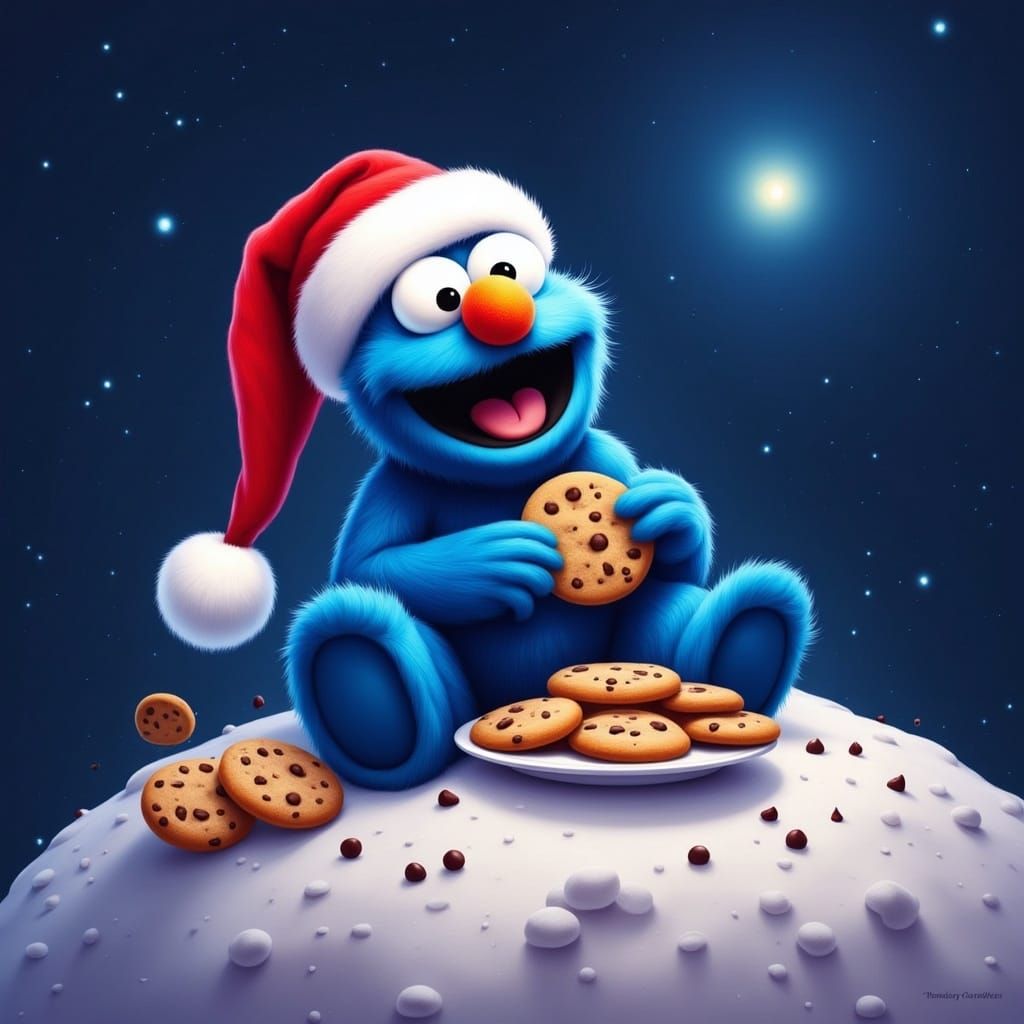Cookie Monster in a Santa Hat, Eating Cookies on t... - AI Art