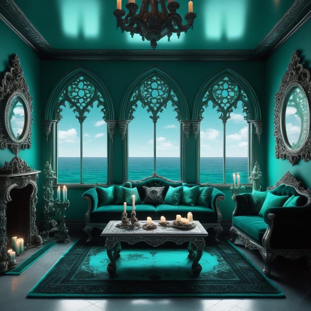 Under the ocean gothic penthouse with teal walls& turquoise frames& gothic furniture& metallic ...