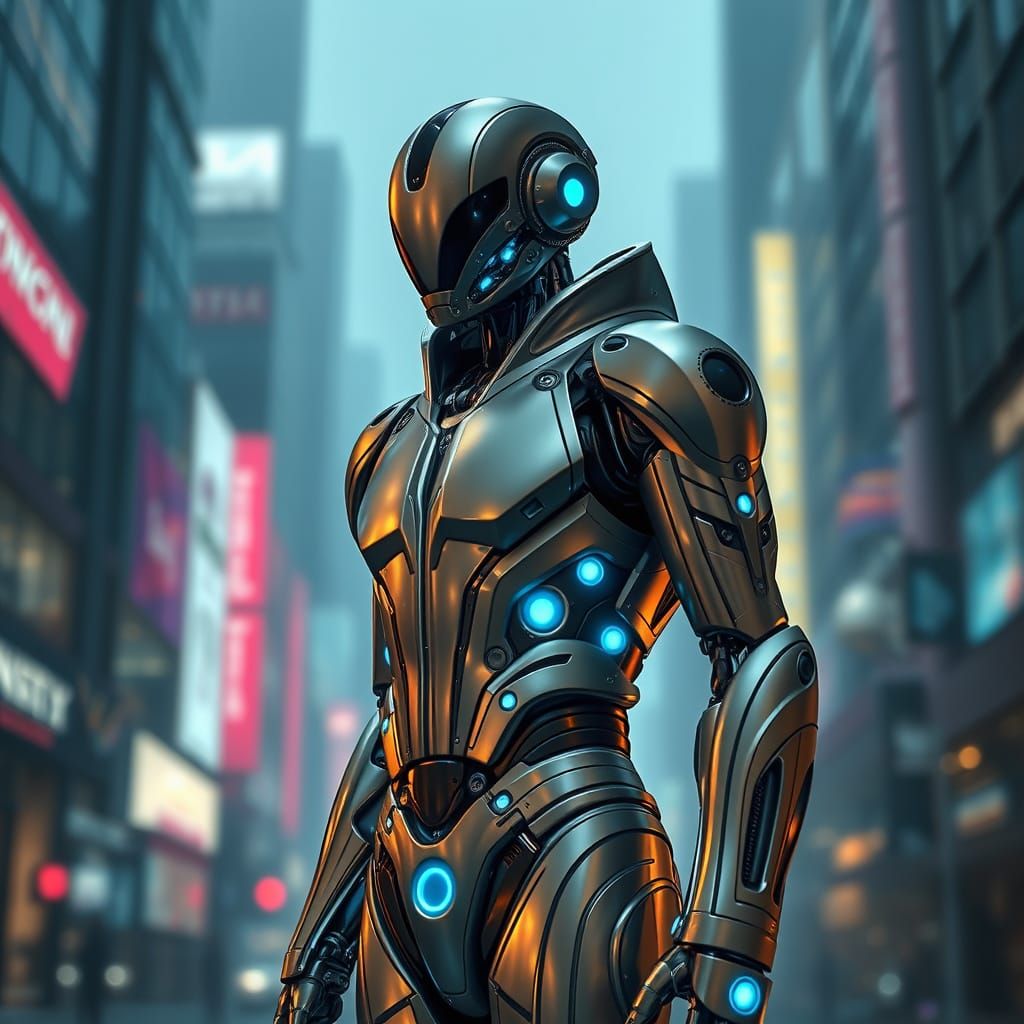 AI Humans - Futuristic Humanoid Robot in Neon-Lit Metropolis