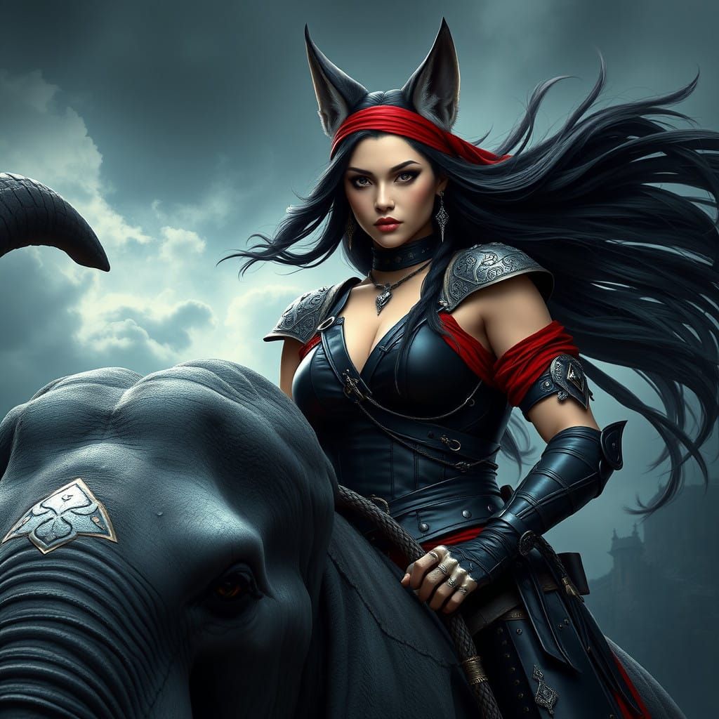 Majestic Goth Queen Mounts Majestic Elephant in Da... - AI Art