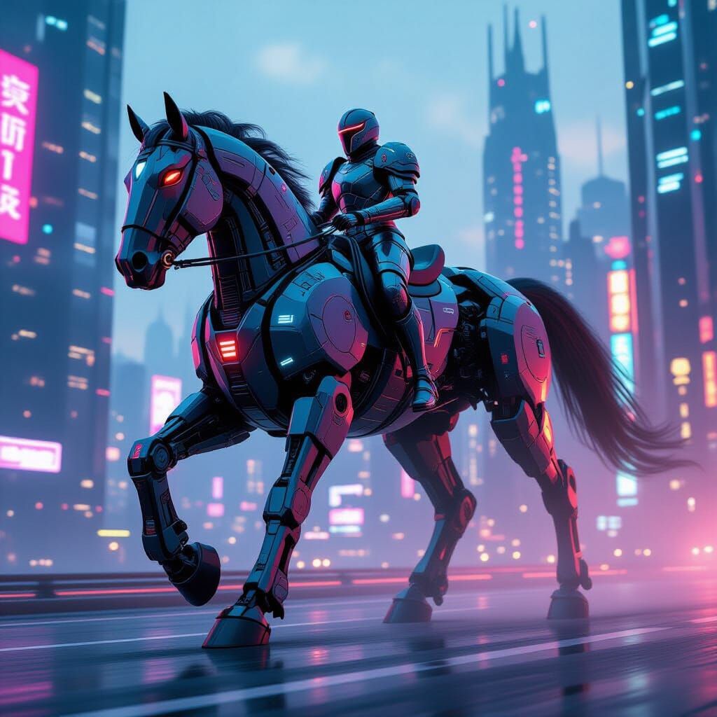 Robot horse. - Cyborg Knight Rides Robot Horse in Neon Citys...