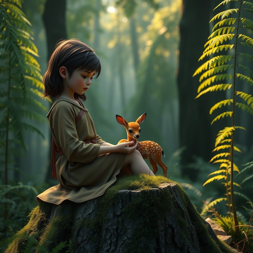 Little Girl Sits with Fawn in Enchanted Forest - AI Art