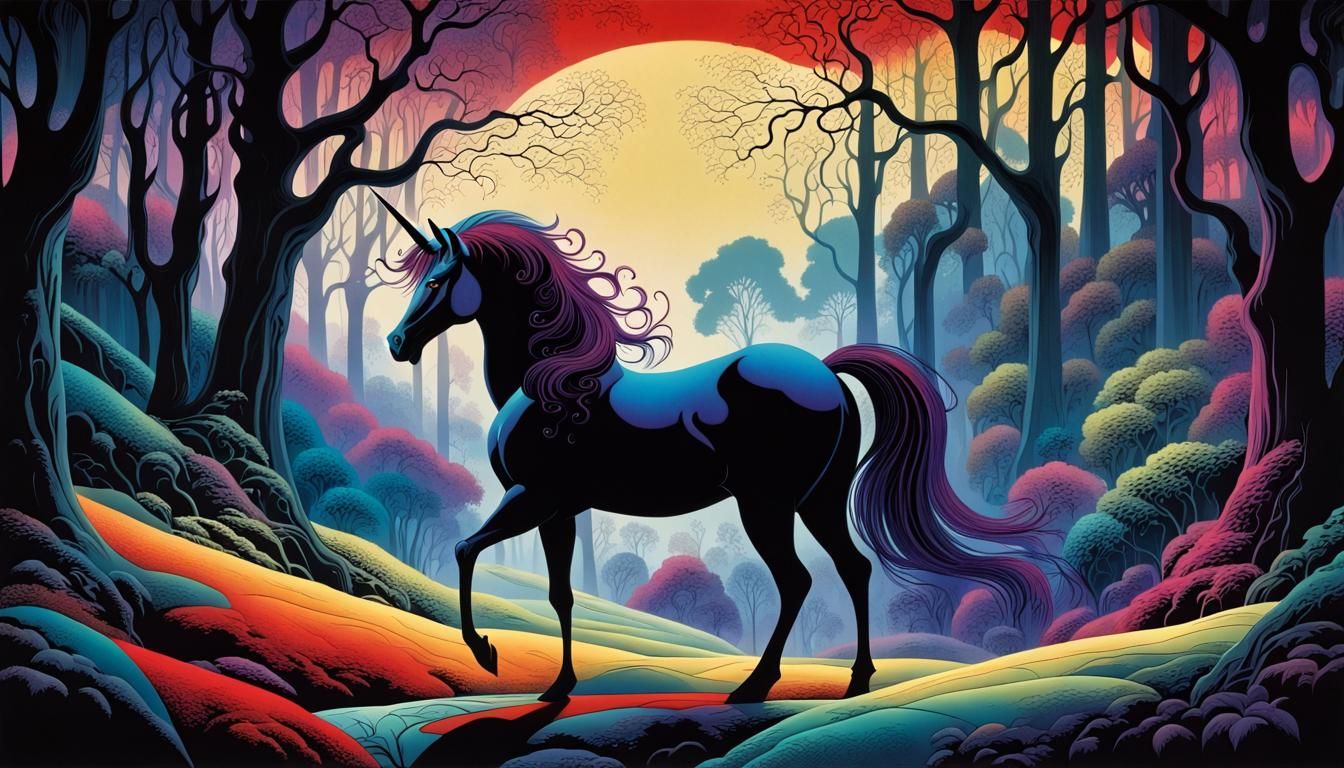 Dark Sinister Fantasy Eyvind Earle vivid triadic colors Filigree ...