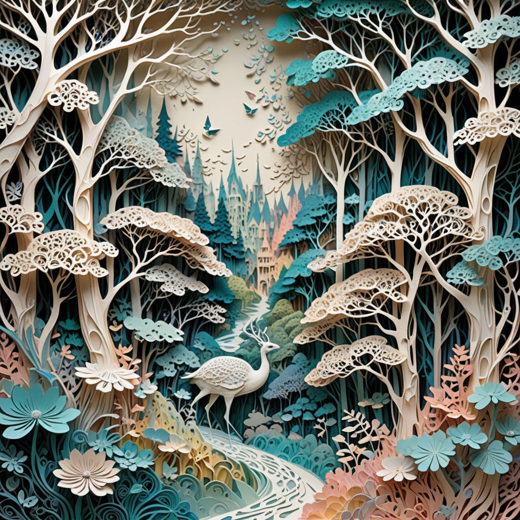 Whimsical Papercraft Forest Scene with Delicate Cutouts