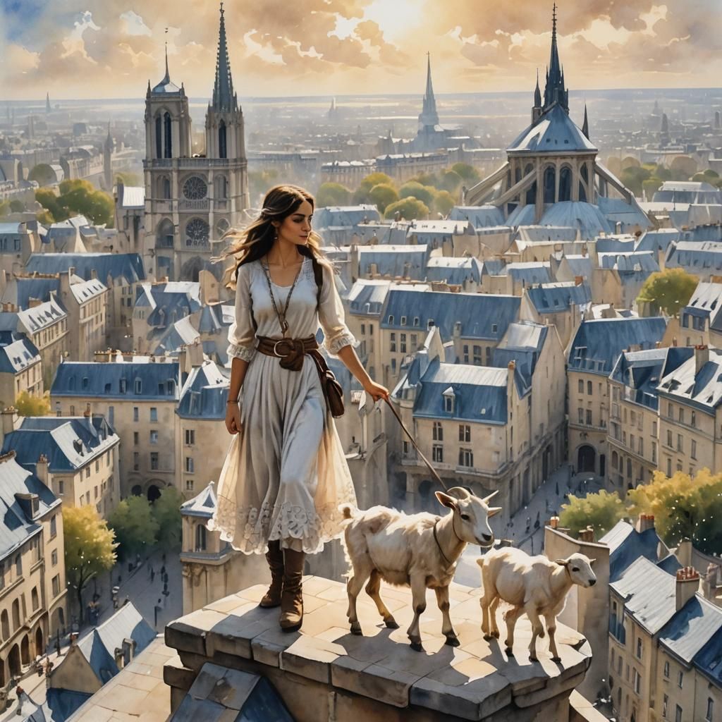 The Gypsy Girl Esmeralda with her Goat on a platform of the Notre-Dame ...