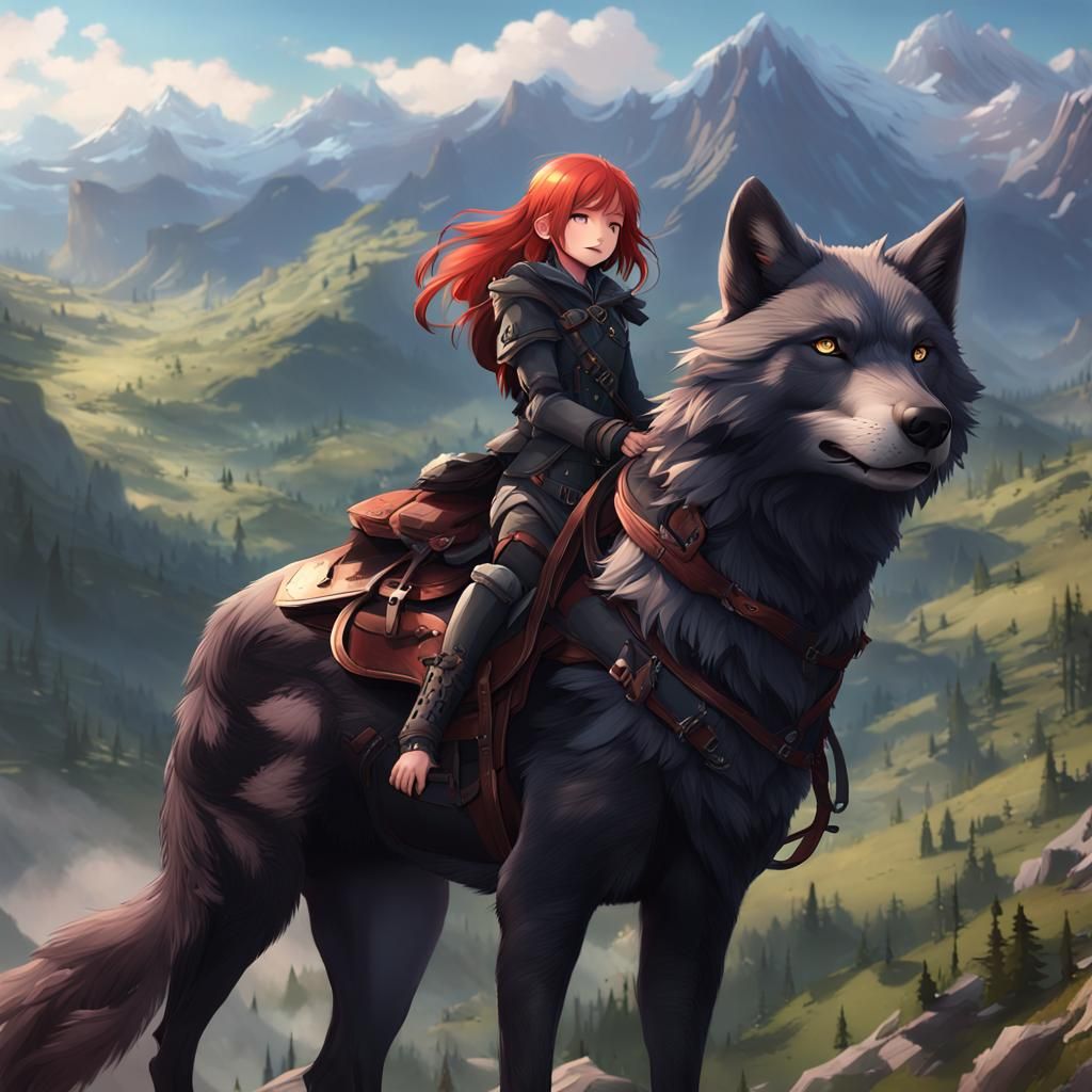 Girl with red hair riding big black wolf wearing leather saddle ...