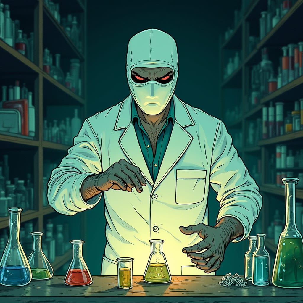 Dark Humor Chemist in Gritty Laboratory Scene - AI Art