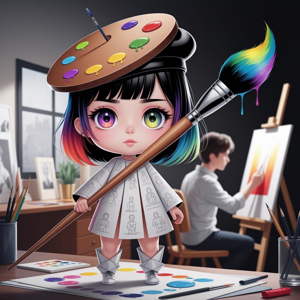 Imagine a chibi anime character that represents art. Her eyes are a ...