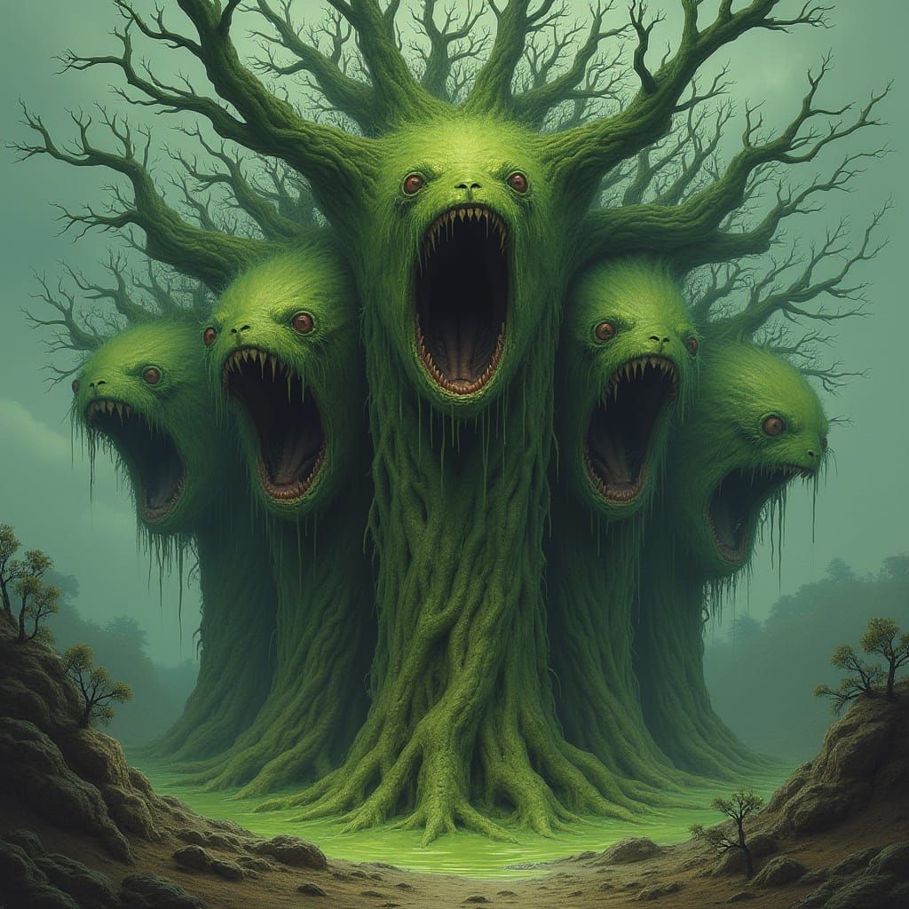Tree Monsters Gather on Desolate Hillside - AI Art