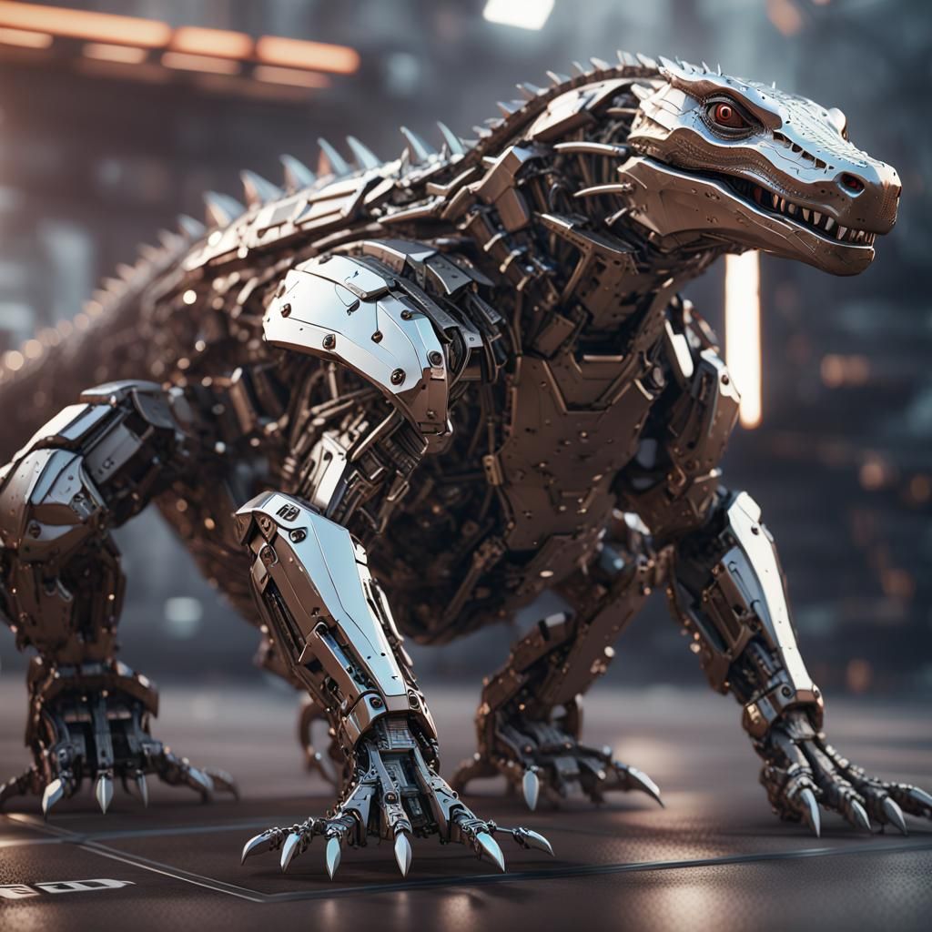 Metal komodo dragon intricate mech details, ground level shot, 8K ...