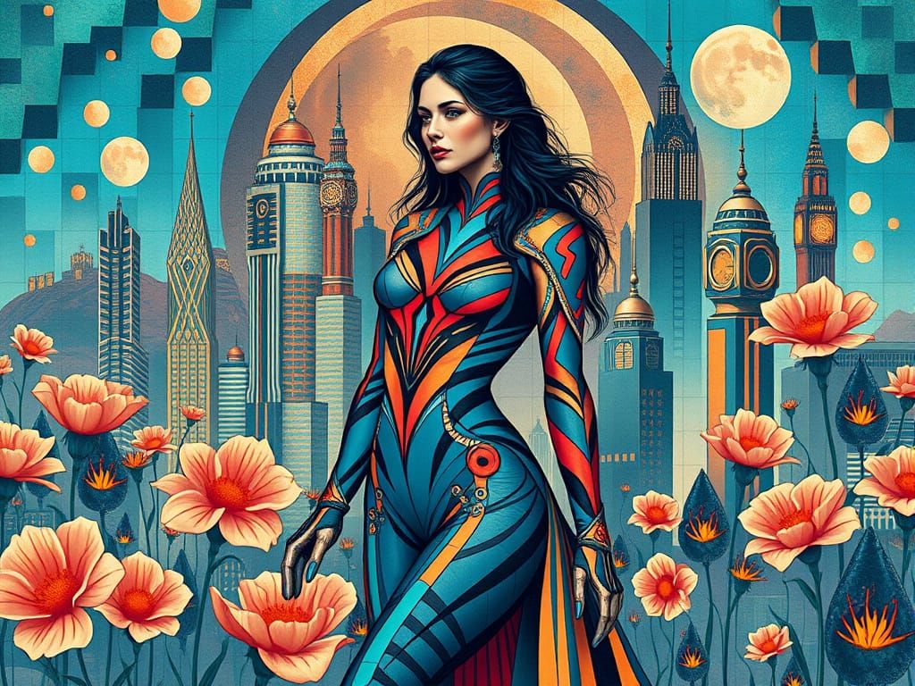 Ethereal Goddess in Vibrant Synthwave Arcology - AI Art