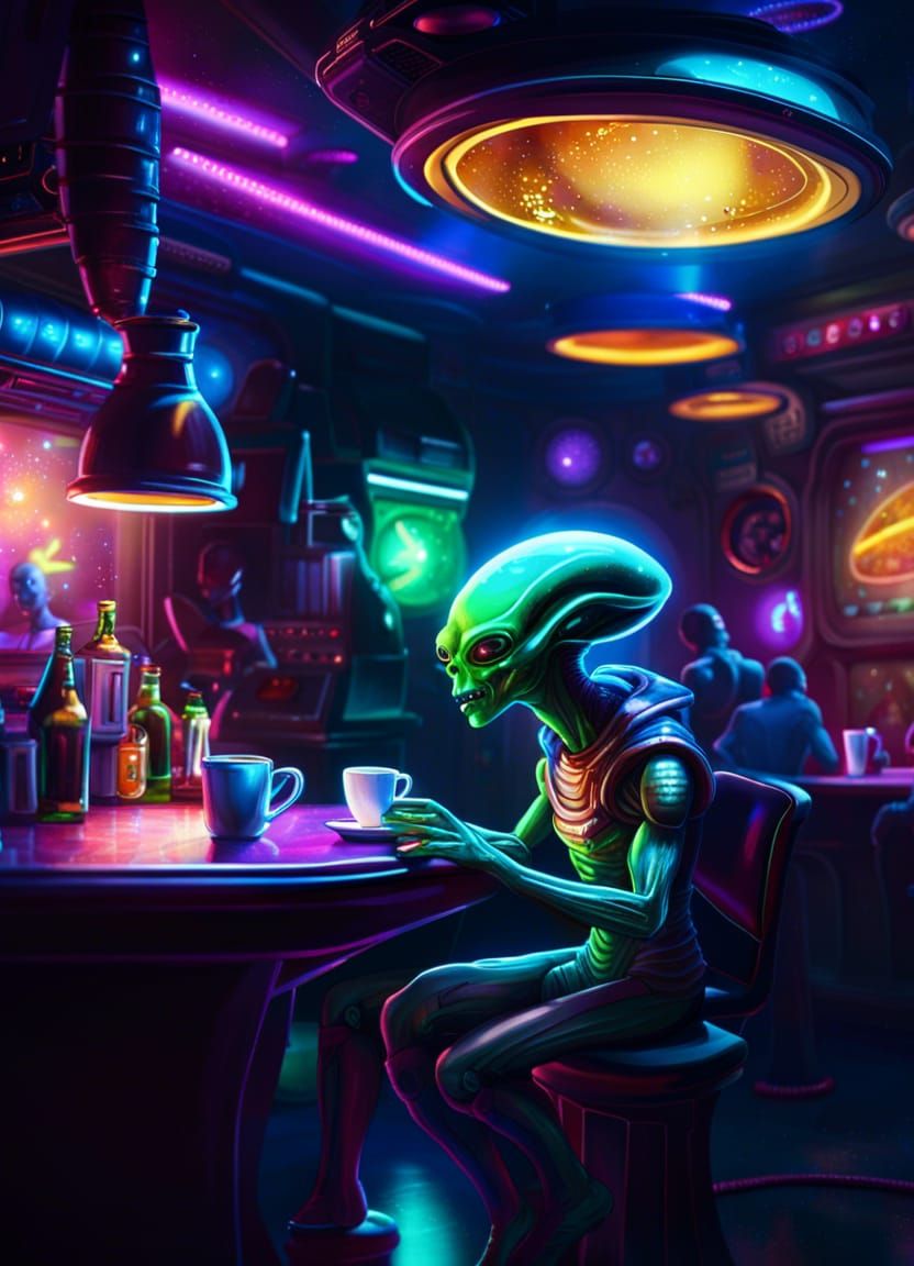 A alien drinks coffee in a tavern in the Space. Piano bar. Neon lights ...