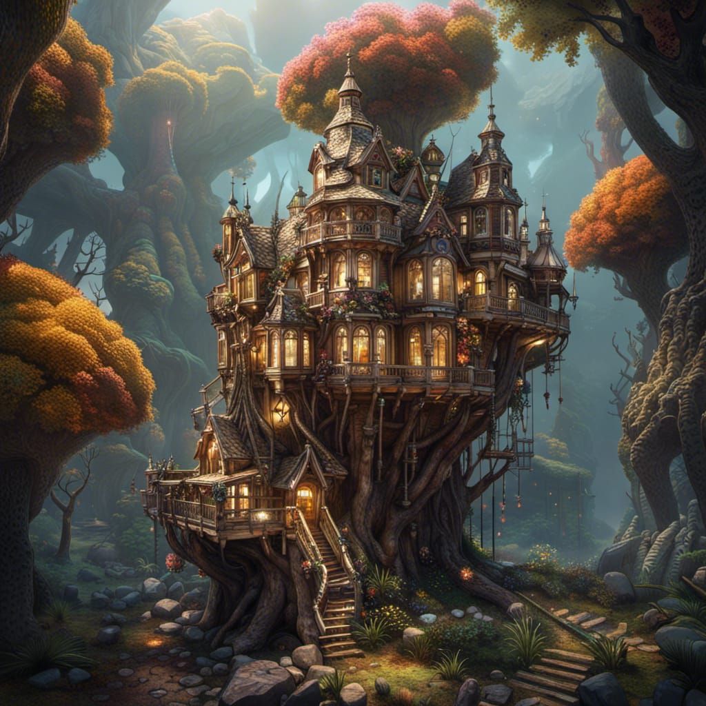 Steampunk silver filigree fairy tree house, Rodney Matthews Guillermo ...