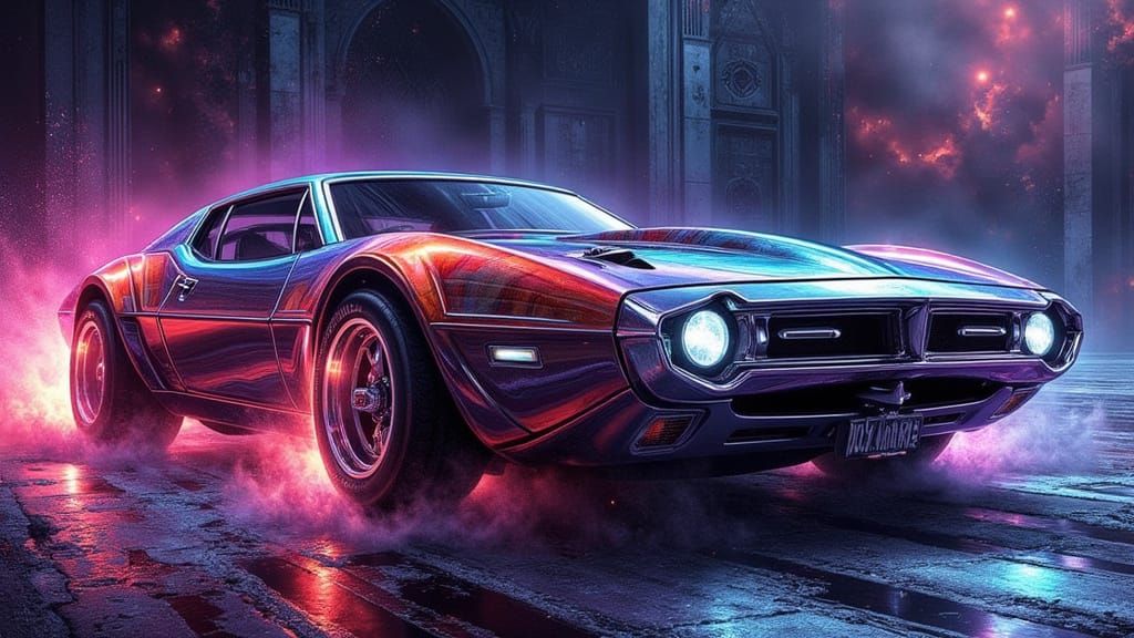 Retro-Futuristic Muscle Car in Neon Hues with Mirr... - AI Art