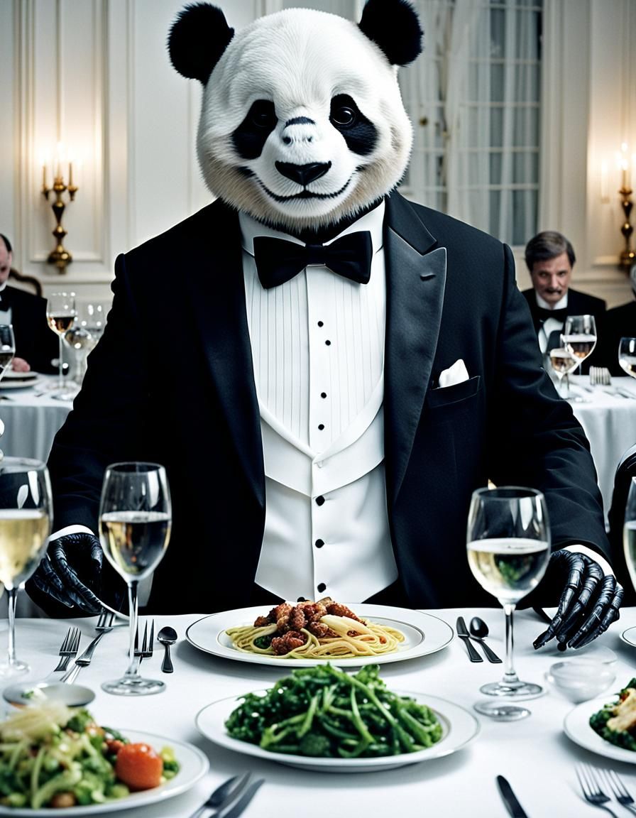 An anthropomorphic xenomorph panda wearing a tuxedo at a dinner party ...