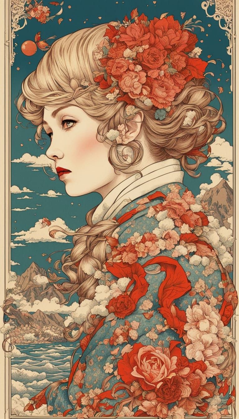 Splash art Alphonse Mucha movie poster pixel art comic art pop art Una mujer rubia juguetona y ...