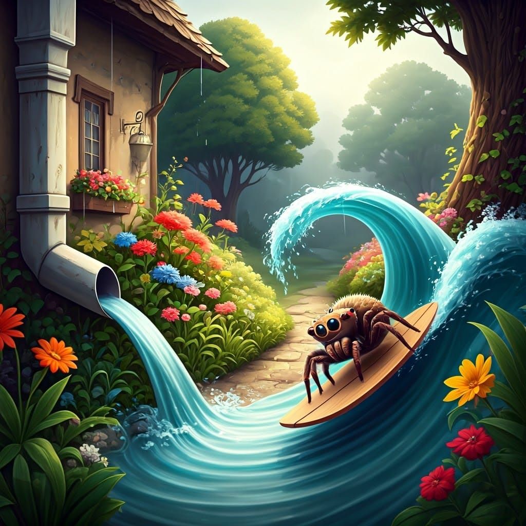 Itsy Bitsy Spider yelled, "Cowabunga!" as she shot out of the pipe.