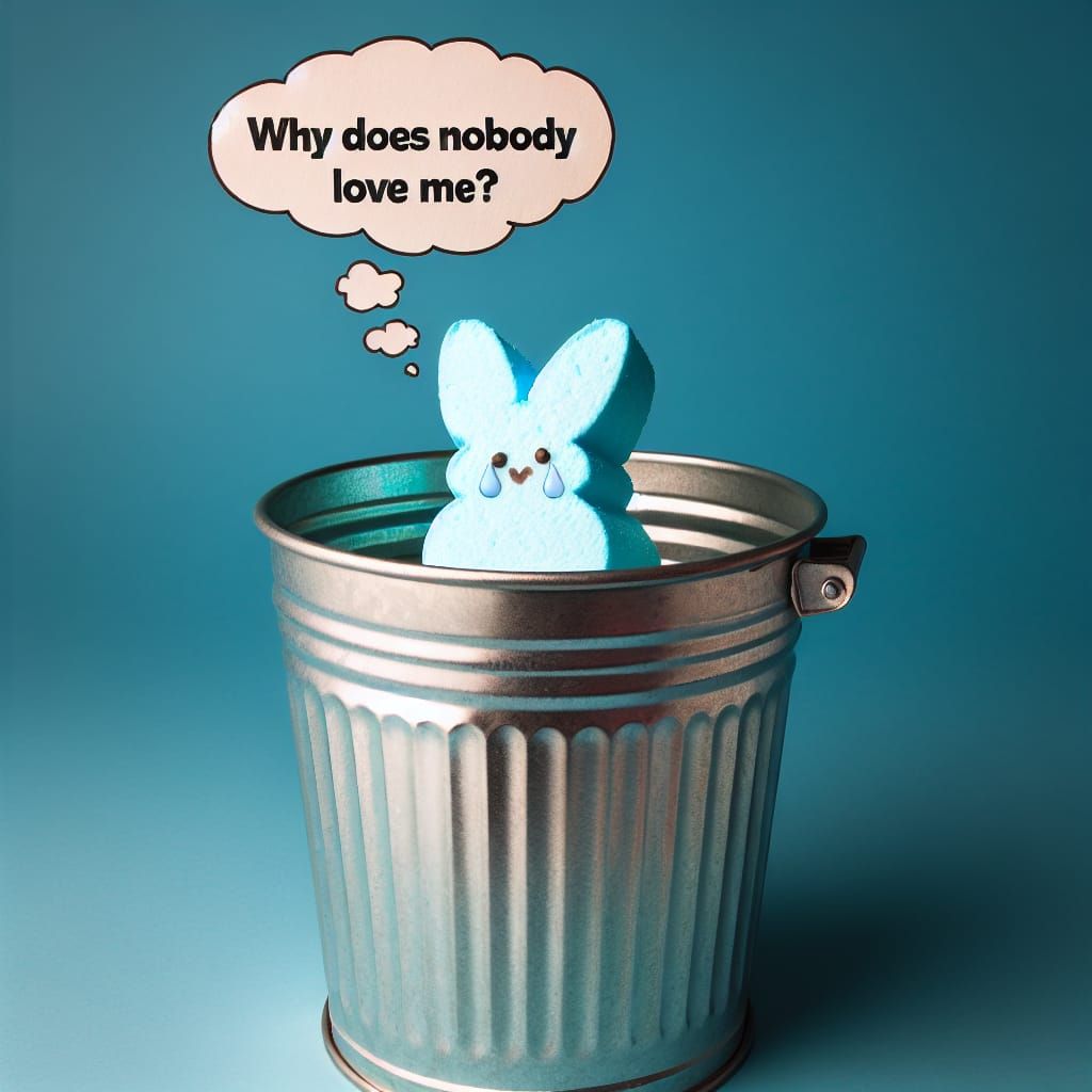 A Peeps candy in a trash can crying because nobody loves them. sad ...