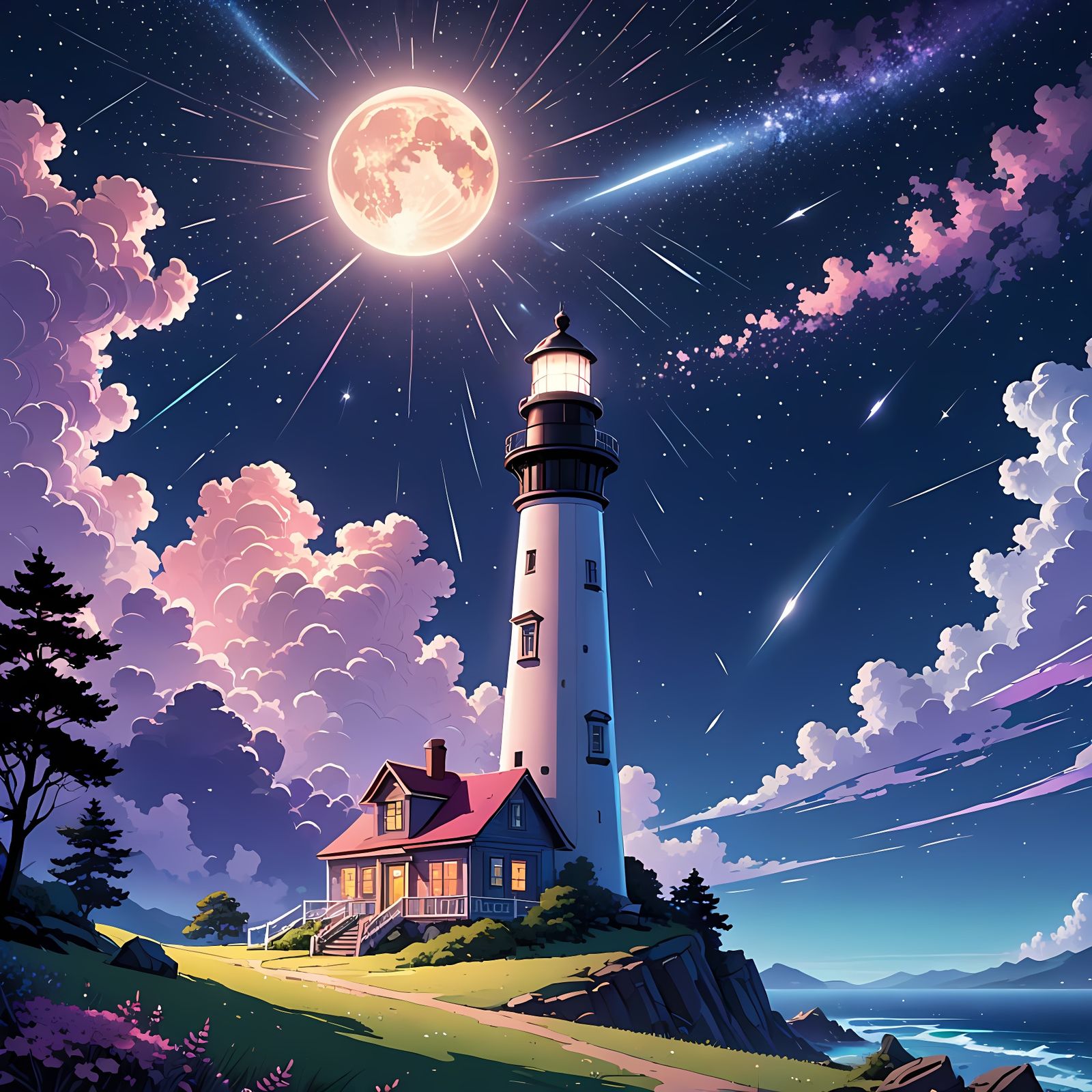 Lightshouse #1 - Surreal Anime Lighthouse Under Celestial Me...