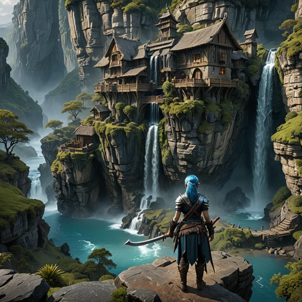 A Female Orc Warrior with blue hair and two orc blades in her hands. A ...